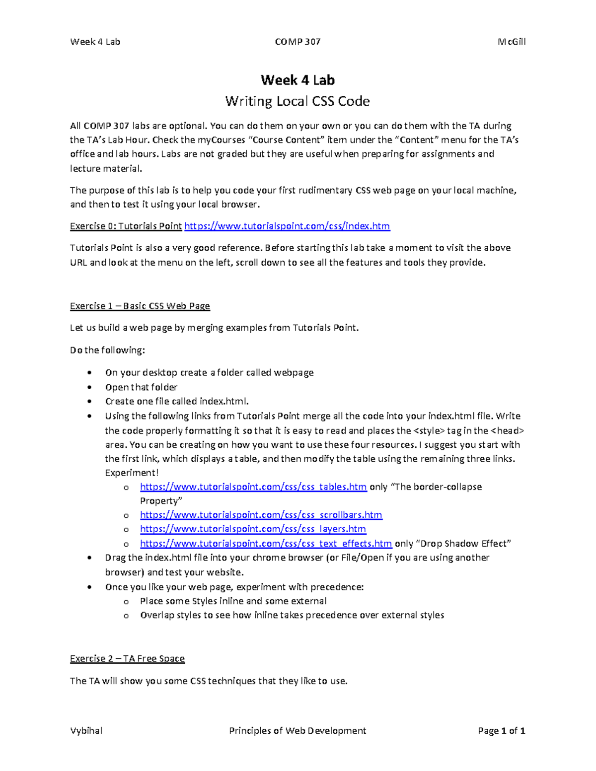 Week 4 Lab - Intro to CSS - Lab - Week 4 Lab COMP 307 McGill Vybihal Pr inciples of Web ...