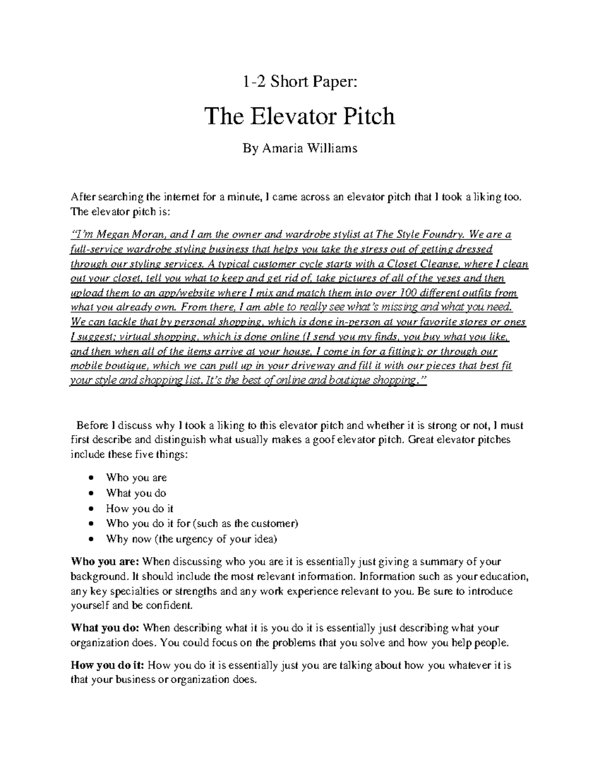 Ol321 business plan preparation 1-2 Short Paper Elevator Pitch - Copy ...