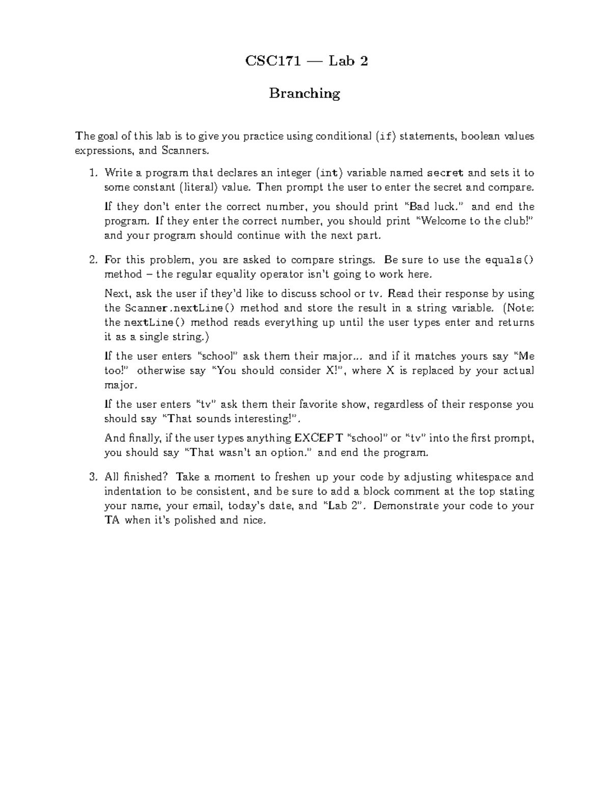 CSC171 Lab 02 - Adam Purtee - CSC171 — Lab 2 Branching The goal of this ...