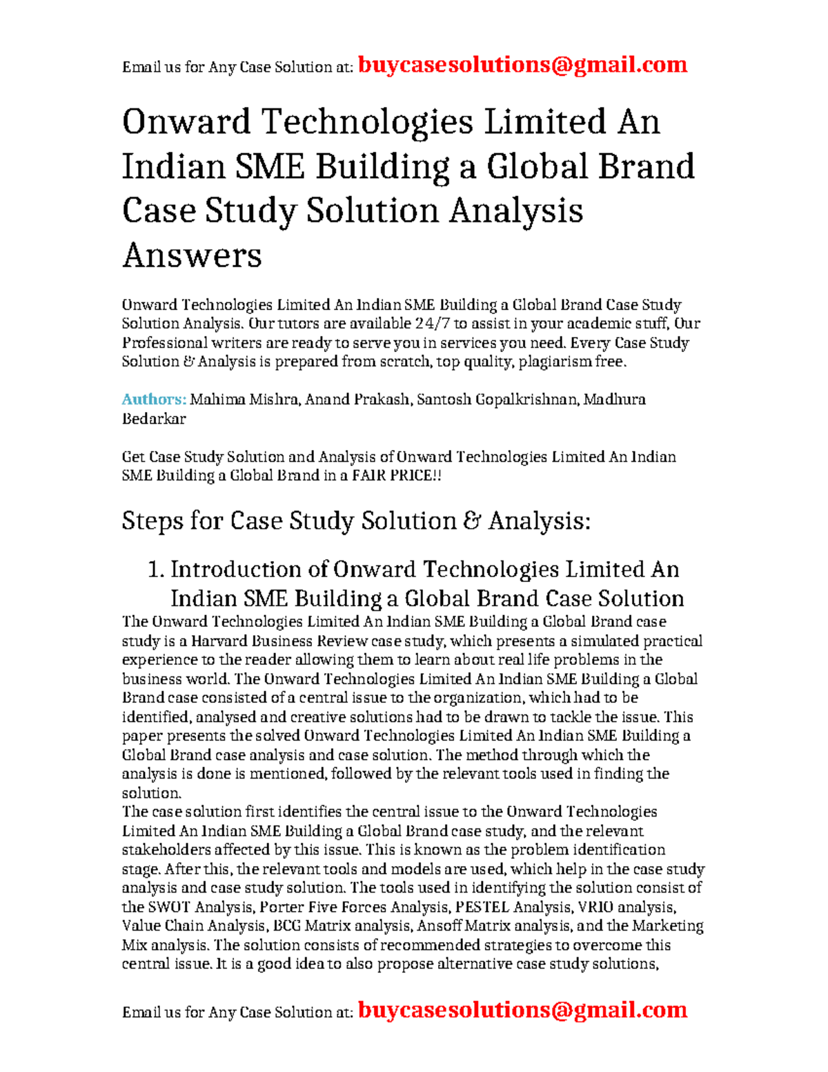 Case Solution Onward Technologies Limited An Indian SME Building a ...