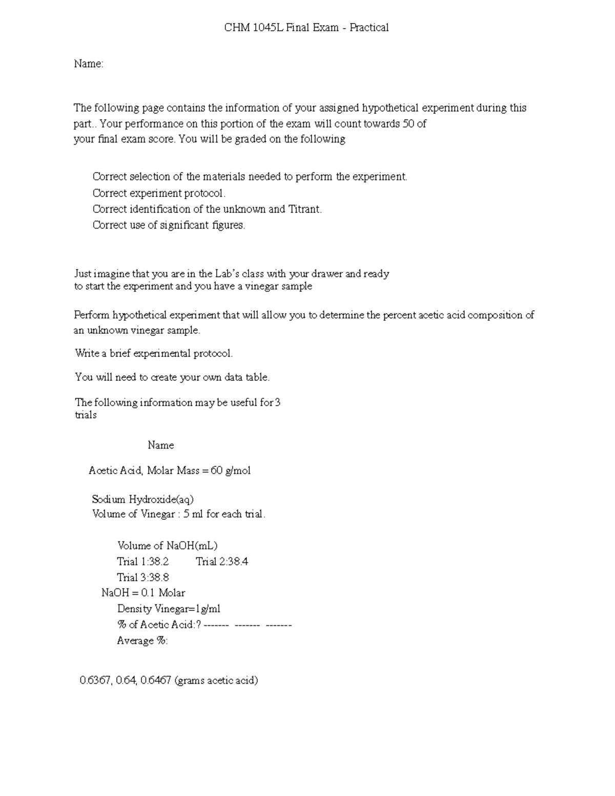 CHM1045L - Final Assignment - CHM 1045L Final Exam - Practical Name ...