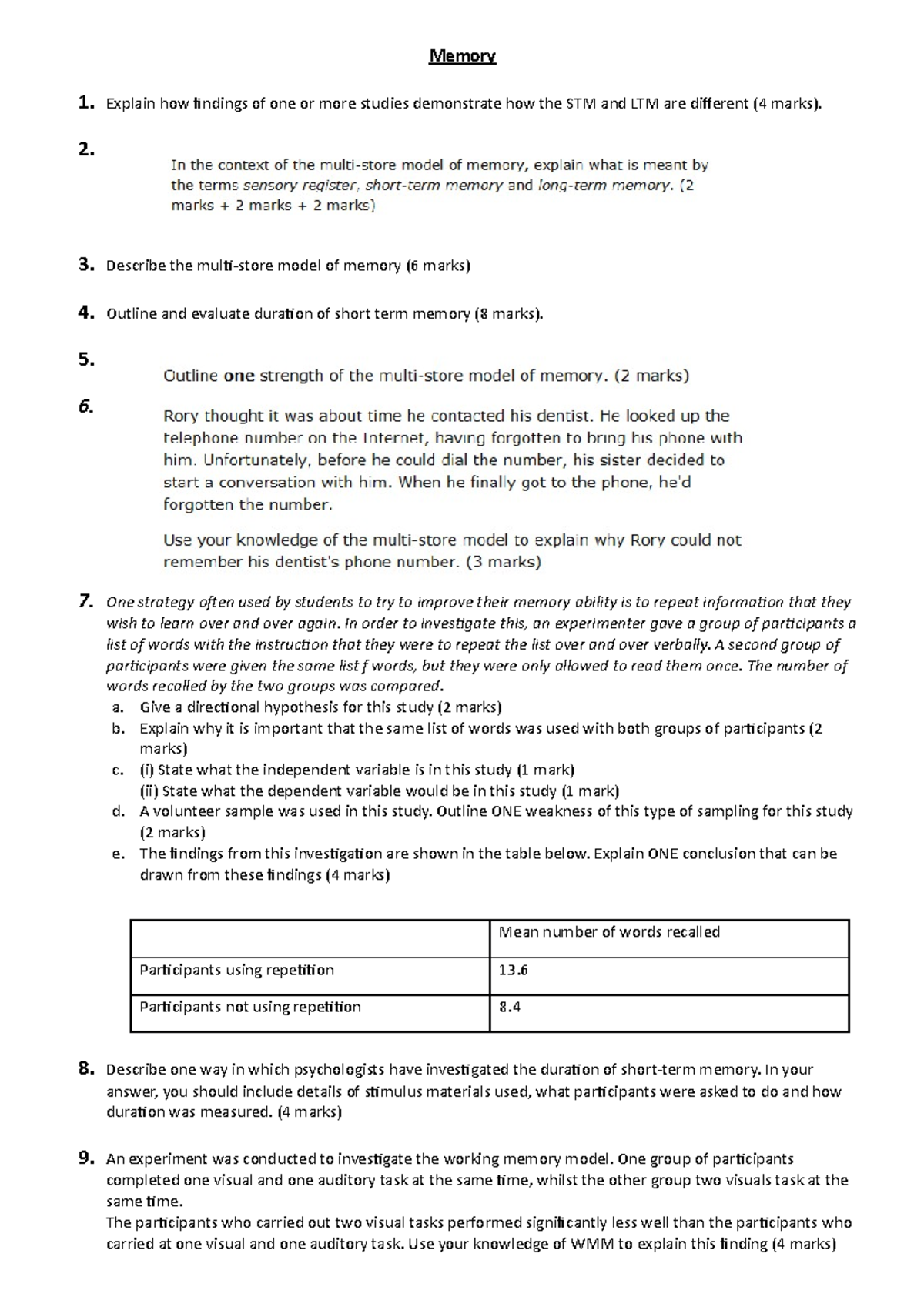 Memory Walking Talking MOCK - Memory 1. Explain how findings of one or ...
