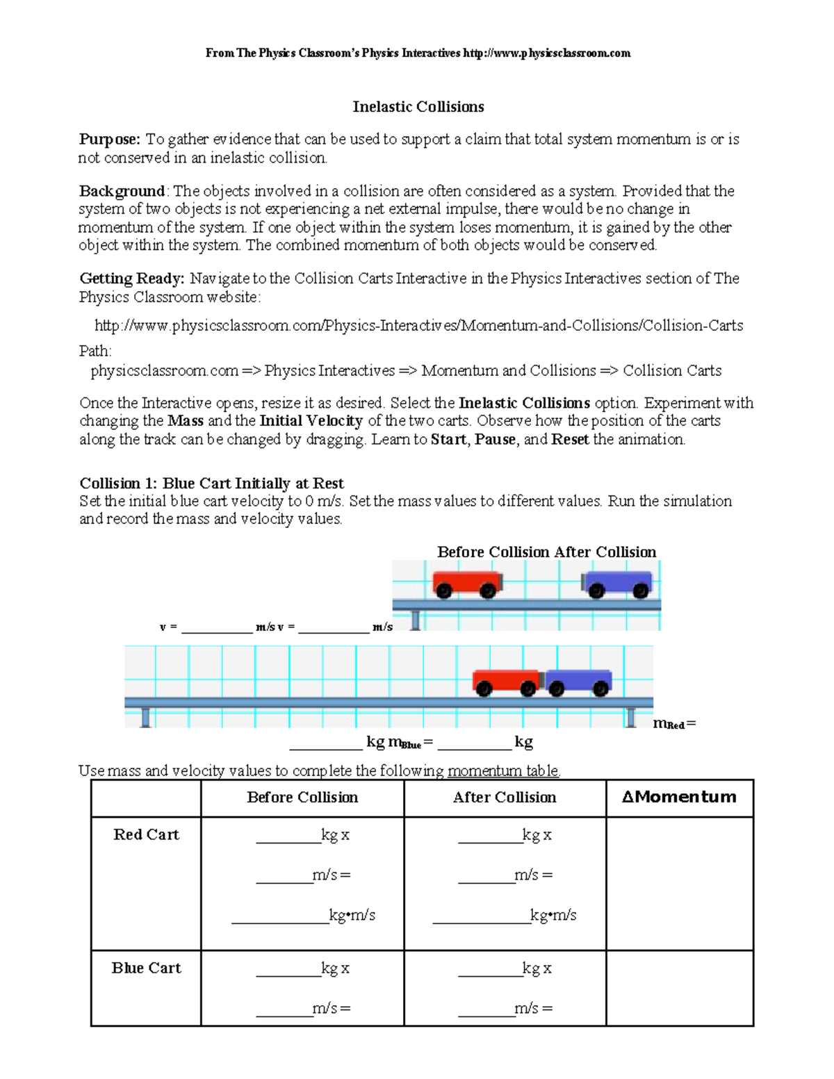 Inelastic Collisions - NEED HELP - From The Physics Classroom’s Physics ...