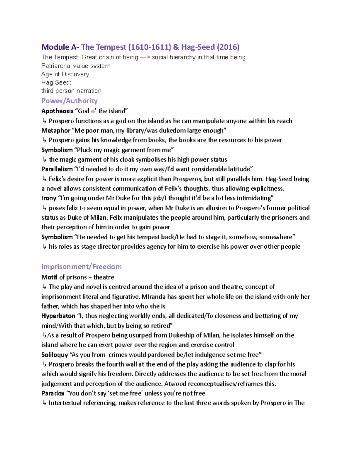 ENG Mod A - english course content summary - Module A- The Tempest ...