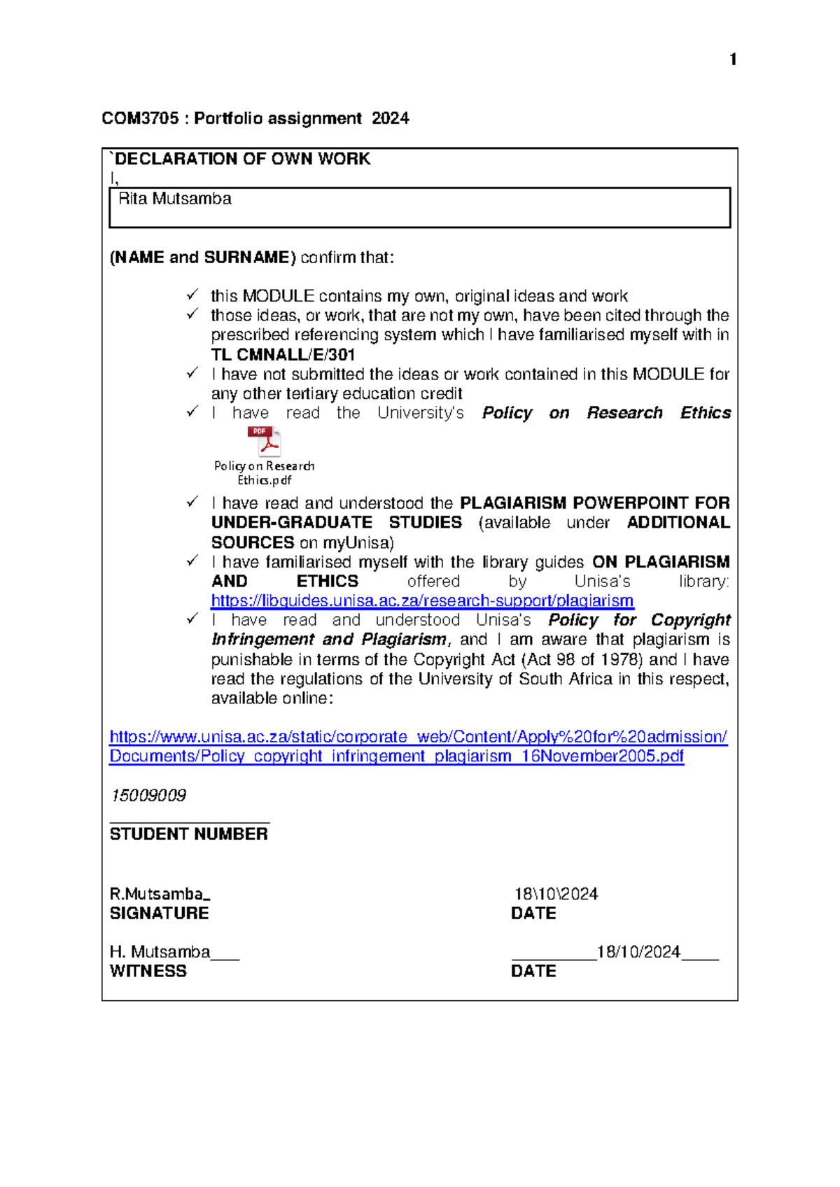 05 Portfolio - COM3705 : Portfolio assignment 2024 `DECLARATION OF OWN ...