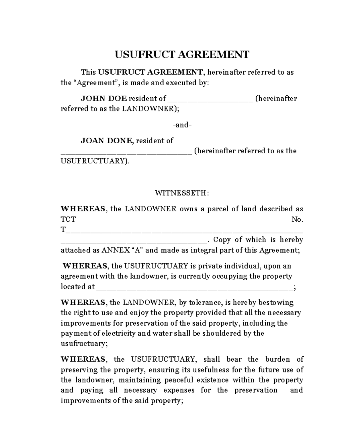 Usufruct Agreement Sample Form - USUFRUCT AGREEMENT This USUFRUCT ...