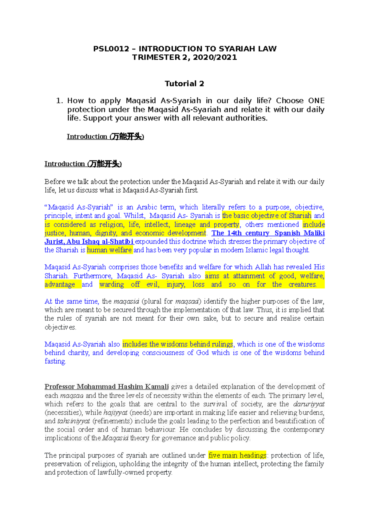 PSL Tutorial 2 - PSL0012 – INTRODUCTION TO SYARIAH LAW TRIMESTER 2 ...
