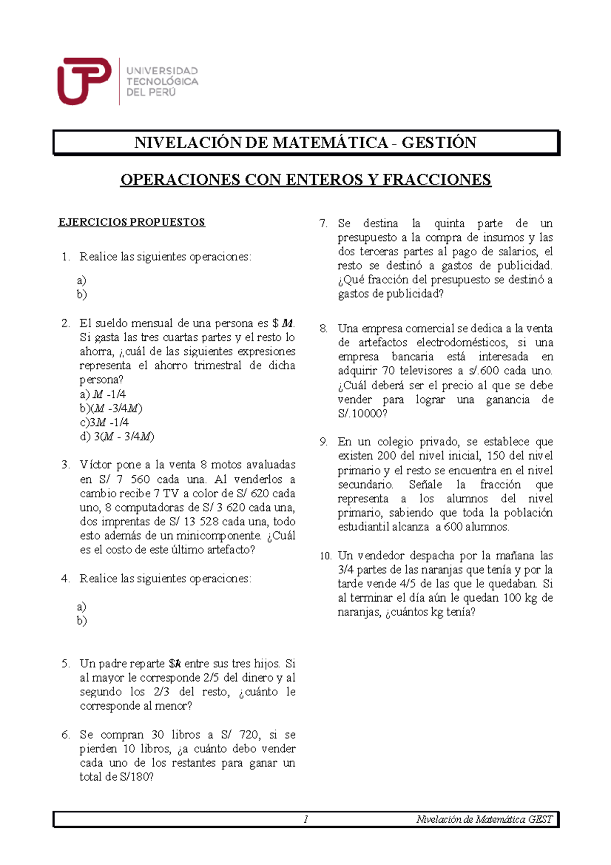 S01.s1- Resolver ejercicios - NIVELACIÓN DE MATEMÁTICA - GESTIÓN OPERACIONES CON ENTEROS Y - Studocu