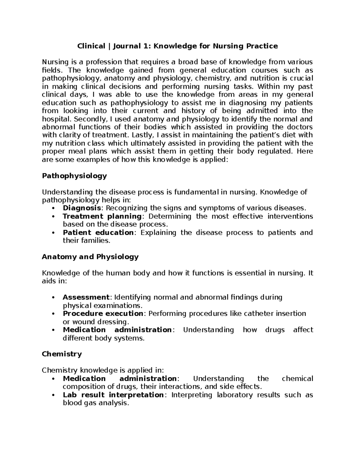Clinical Journal 1 Knowledge for Nursing Practice Updated - Clinical ...