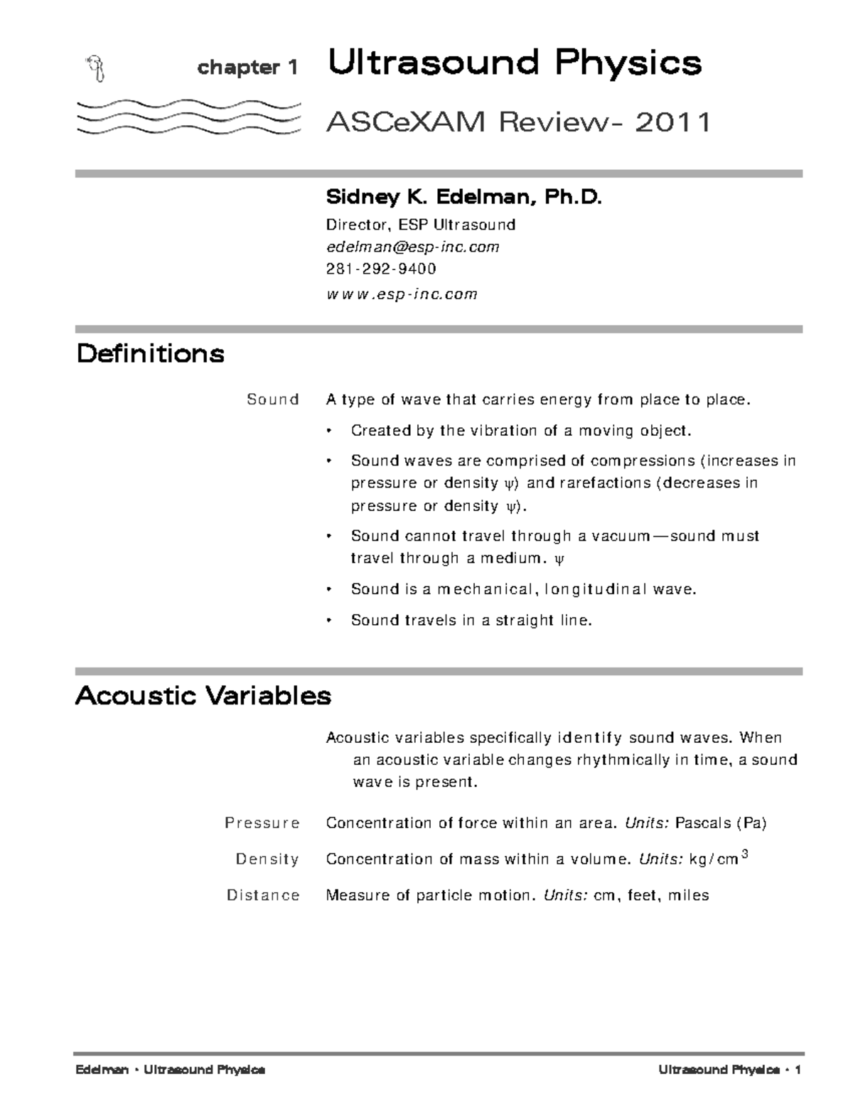 Physics - Edelman, Ph. Direct or, ESP Ult rasound edelm an@esp- inc 281 ...
