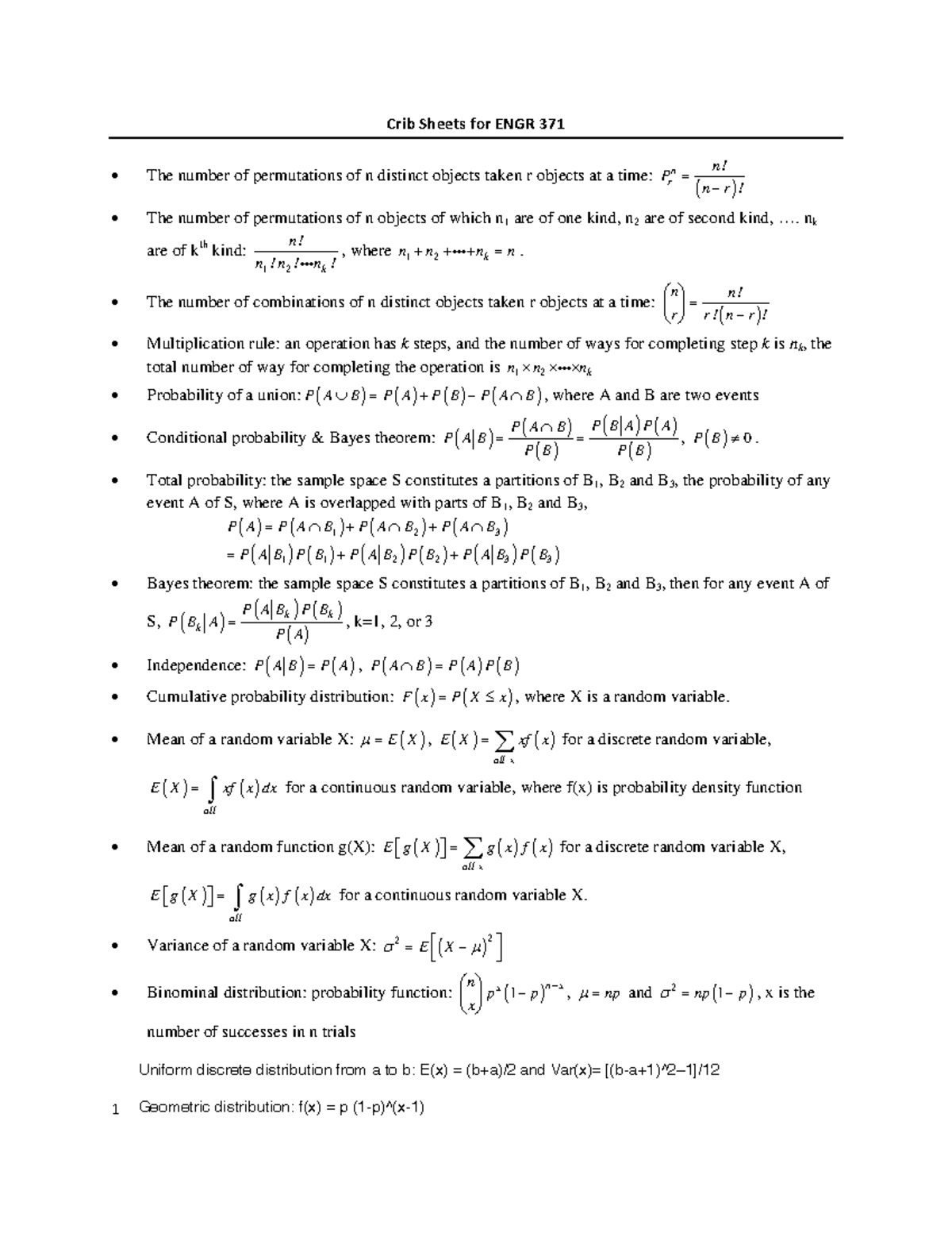 Formula sheet (Probs & stats course) - 1 **Crib Sheets for ENGR 371 ...