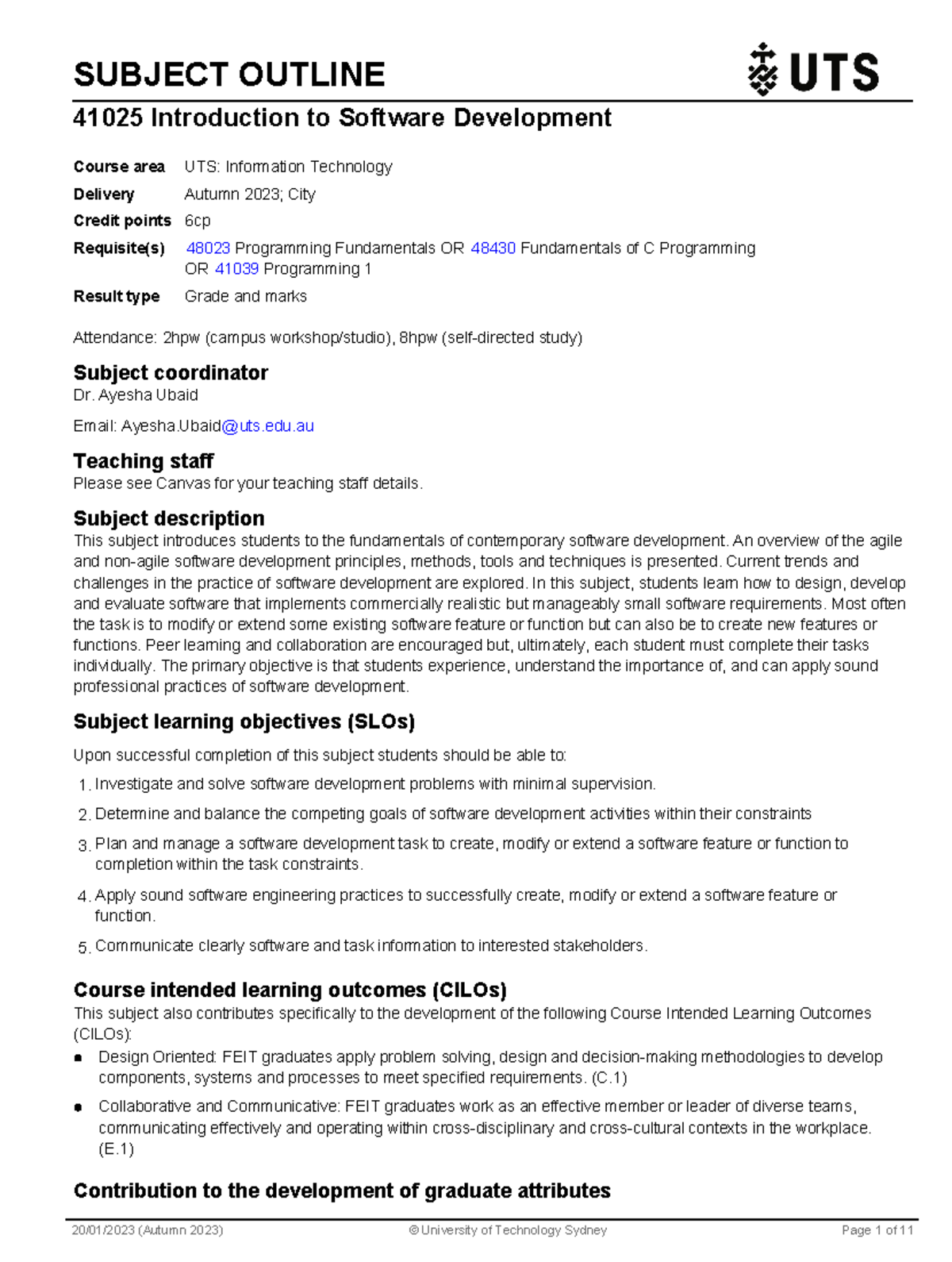 Subject Outline - SUBJECT OUTLINE 41025 Introduction to Software ...