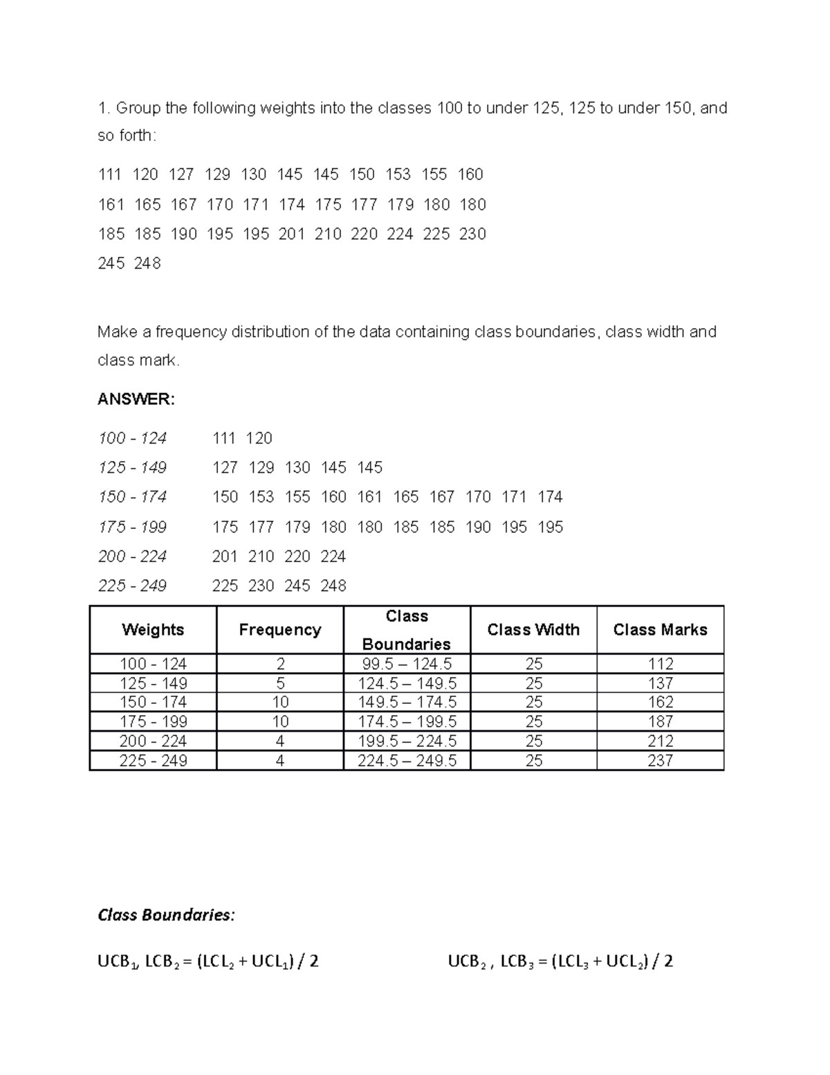 Frequency Distribution Table - Group the following weights into the ...