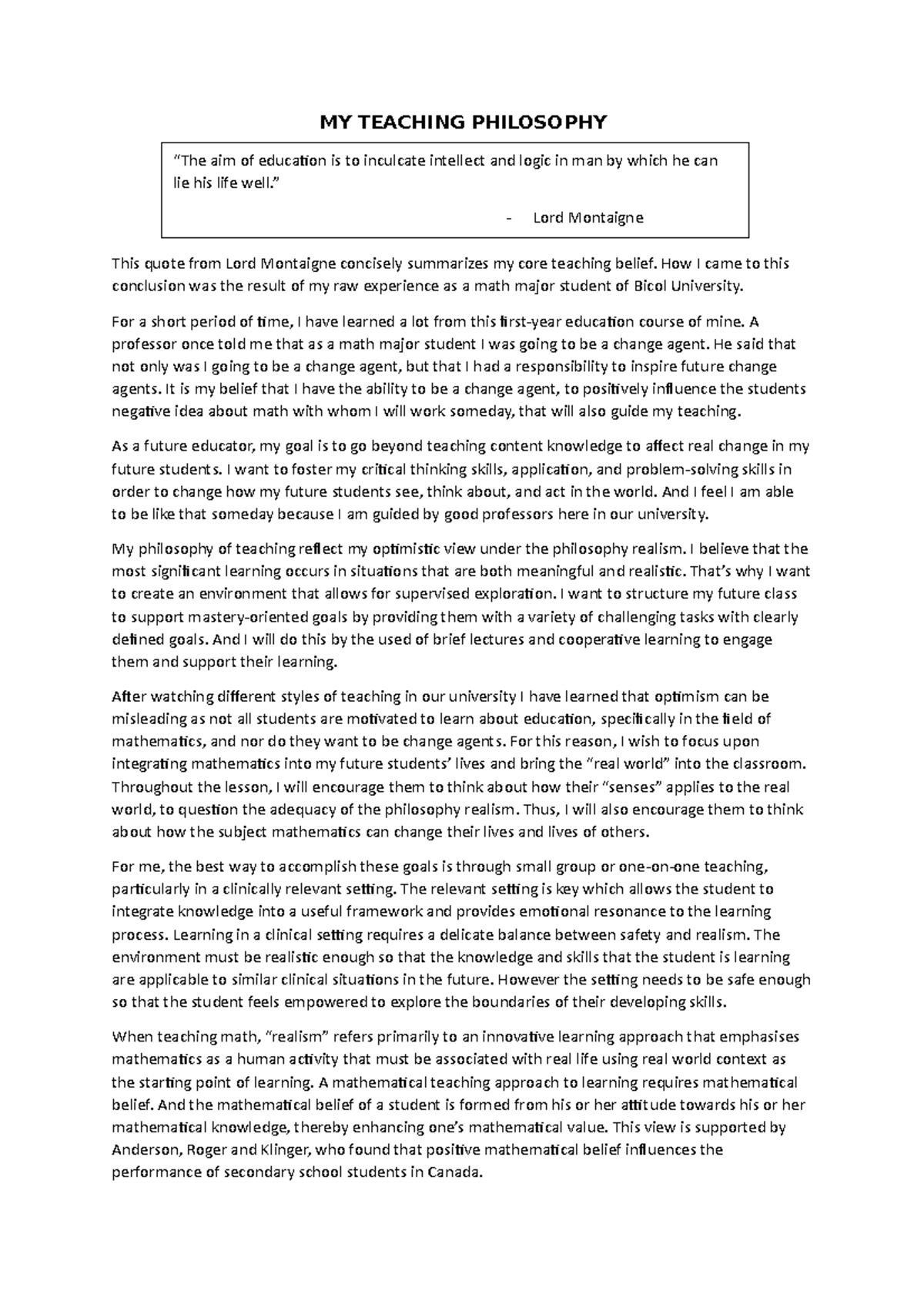 My Teaching Philosophy Keana Marie N. Cabalisa - MY TEACHING PHILOSOPHY ...