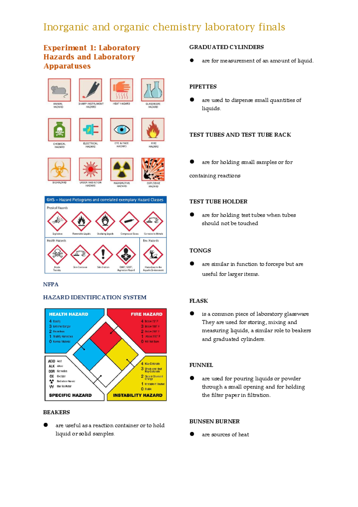 Chem Lab finals - Transea - Experiment 1: Laboratory Hazards and ...