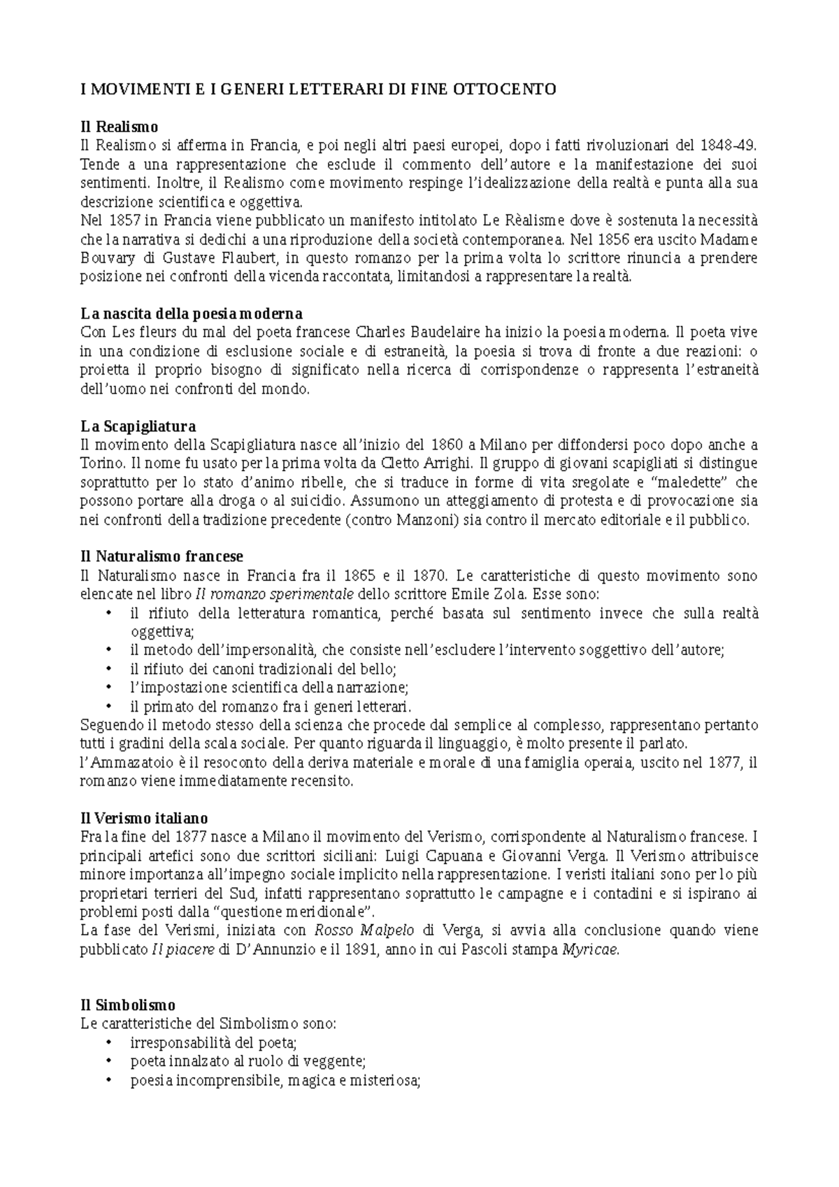 Schemi Italiano i movimenti e i generi letterari di fine Ottocento - I ...