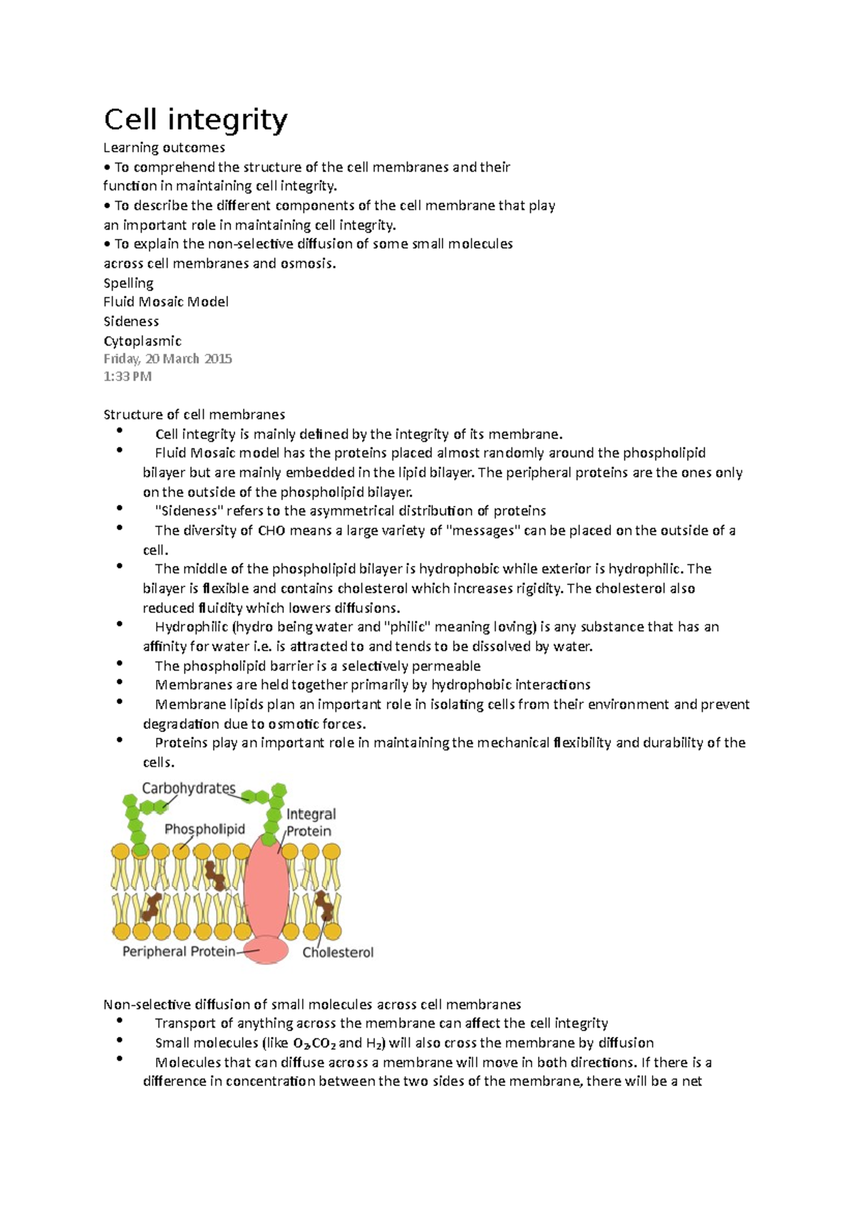 Lecture notes, lecture 3 - Cell integrity - Cell integrity Learning ...
