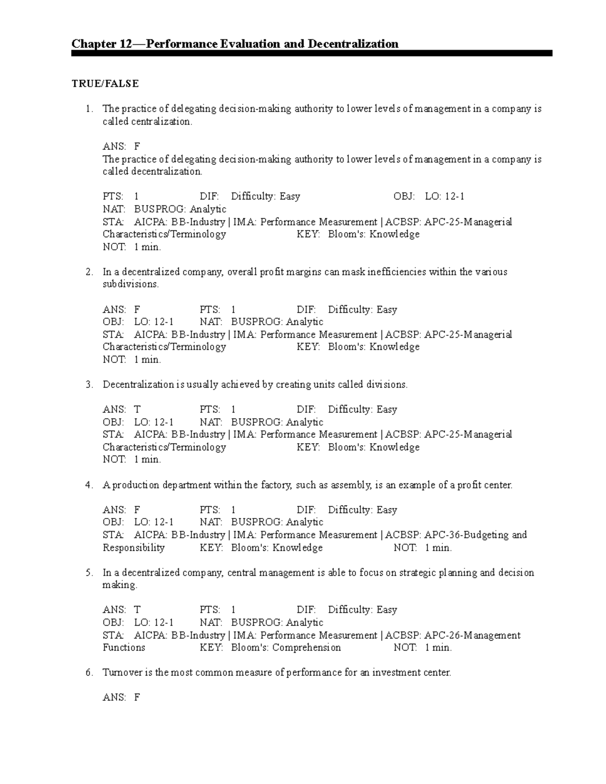 CH 12 - Responsibility Accounting - Chapter 12—Performance Evaluation ...