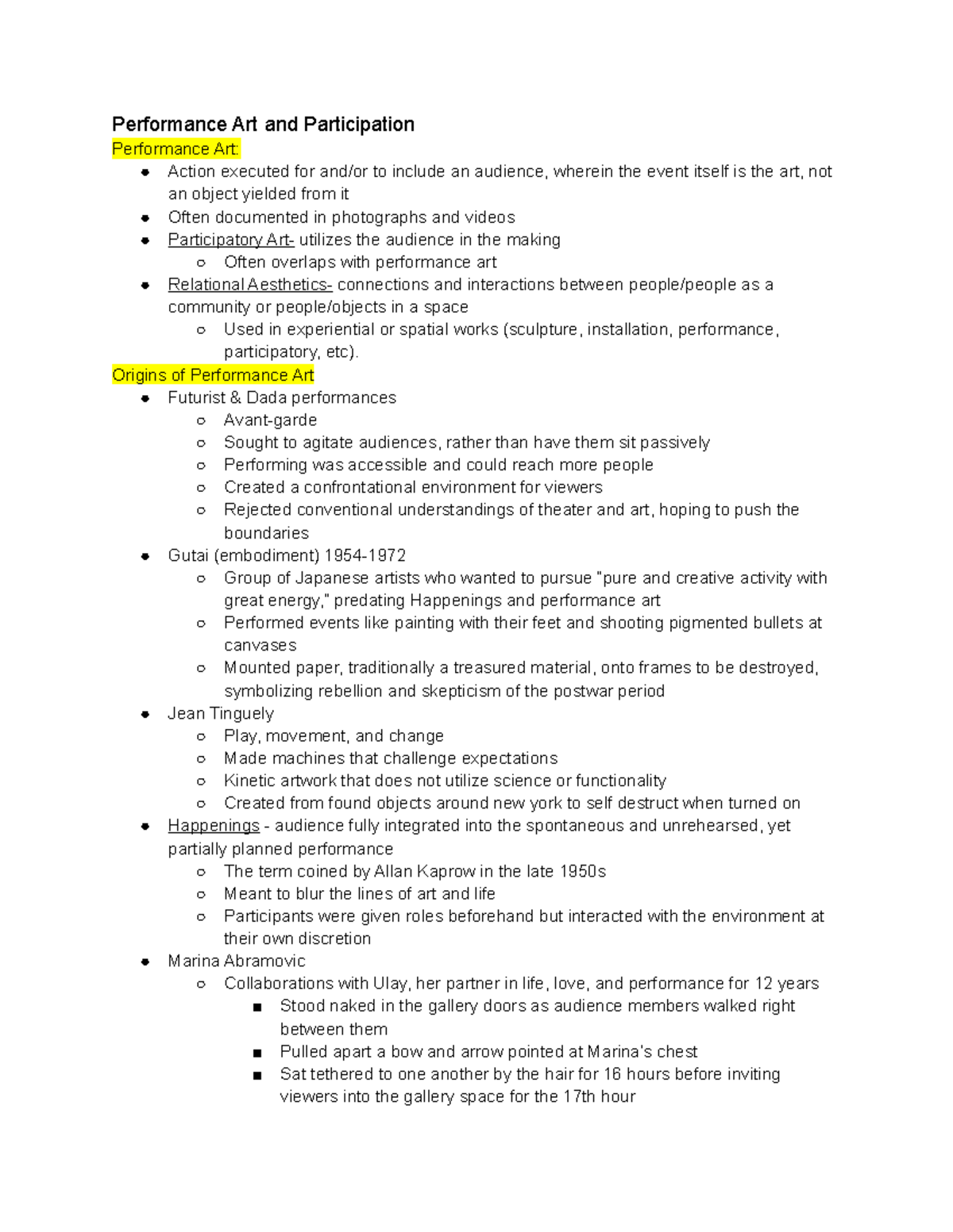 Art Notes for Exam 2 - Performance Art and Participation Performance ...