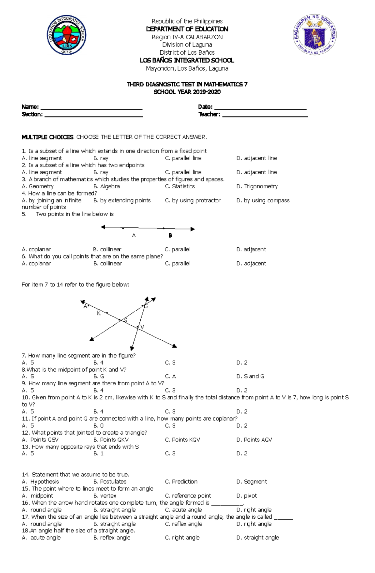 MATH 7 3rd Diagnostic Test - Republic of the Philippines DEPARTMENT OF ...