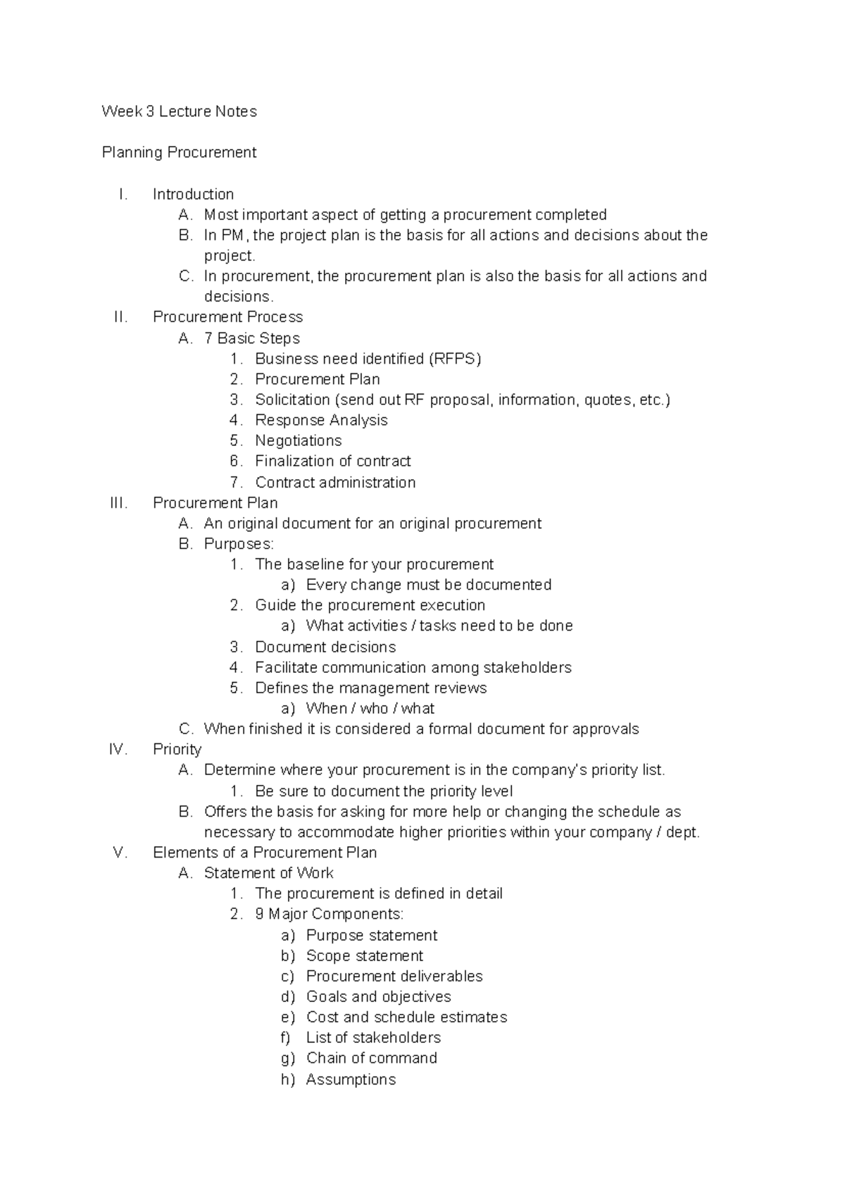 Week 3 Lecture Notes - Week 3 Lecture Notes Planning Procurement I ...
