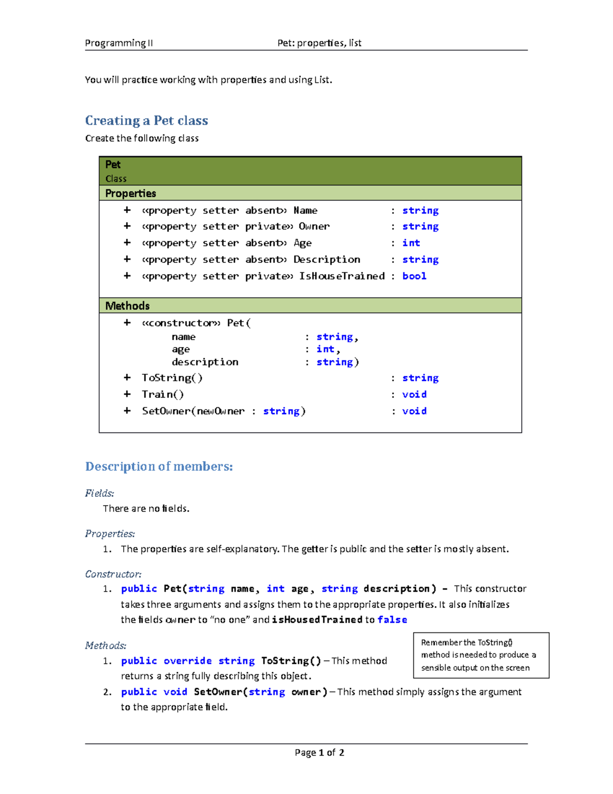 Week 02 lab 05 Pet - bla - Programming II Pet: properties, list You ...