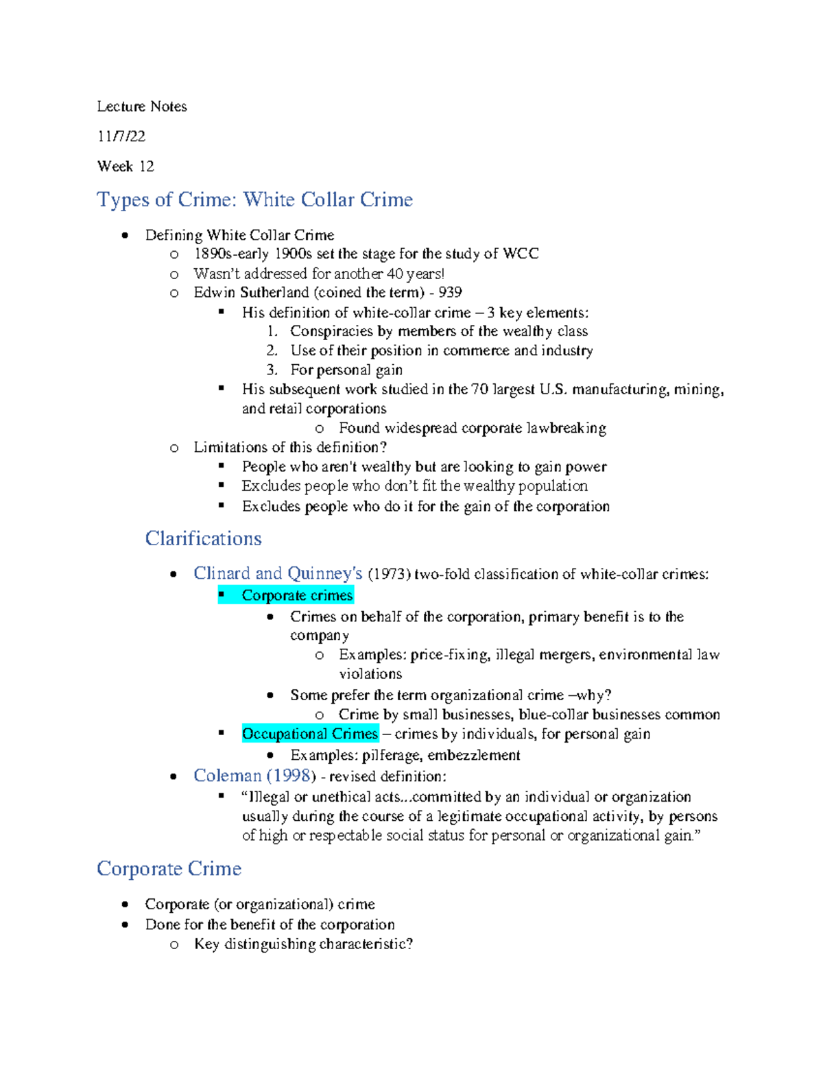 Week 12 Notes - Lecture Notes 11/7/ Week 12 Types of Crime: White ...