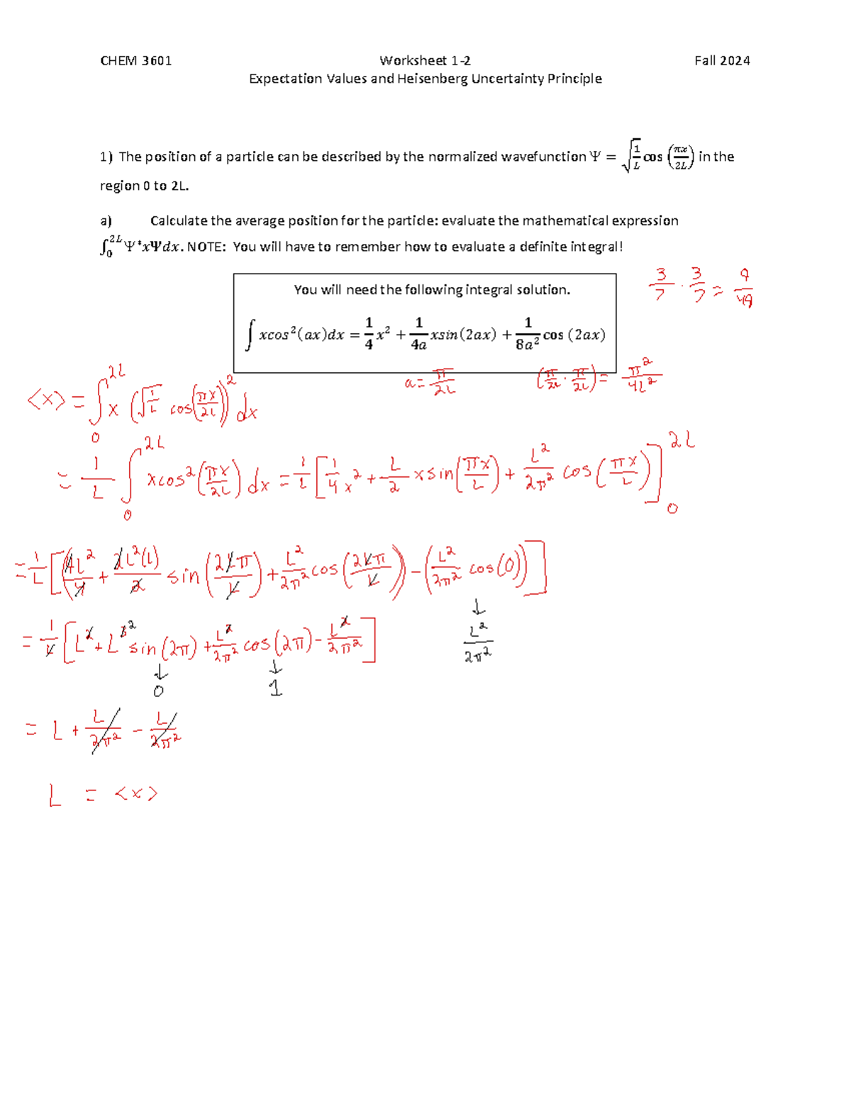 CHEM 3601 Worksheet 1-2 expectation - Expectation Values and Heisenberg ...