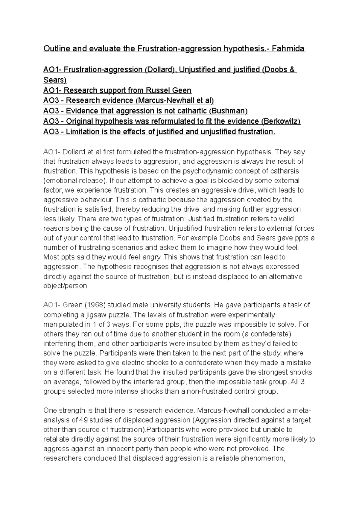 Discuss the Frustration-aggression hypothesis essay - Outline and ...