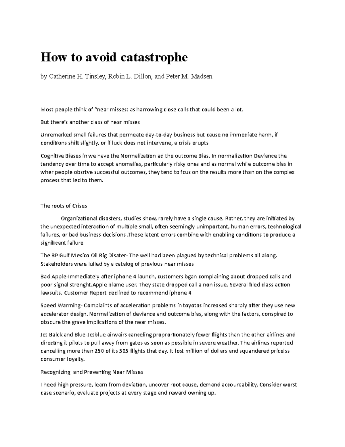 Assignment 3b v1 - essay - How to avoid catastrophe by Catherine H. Tinsley, Robin L. Dillon ...