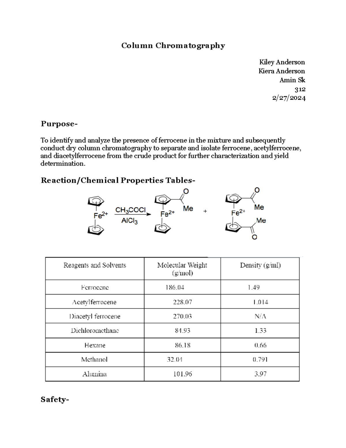 O Chem Lab 6 - Column Chromatography Kiley Anderson Kiera Anderson Amin ...