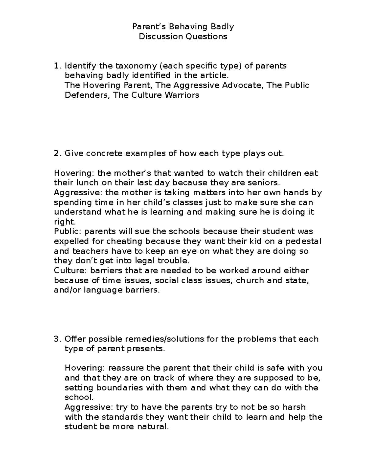 Parent’s Behaving Badly Discussion Questions - Parent’s Behaving Badly ...