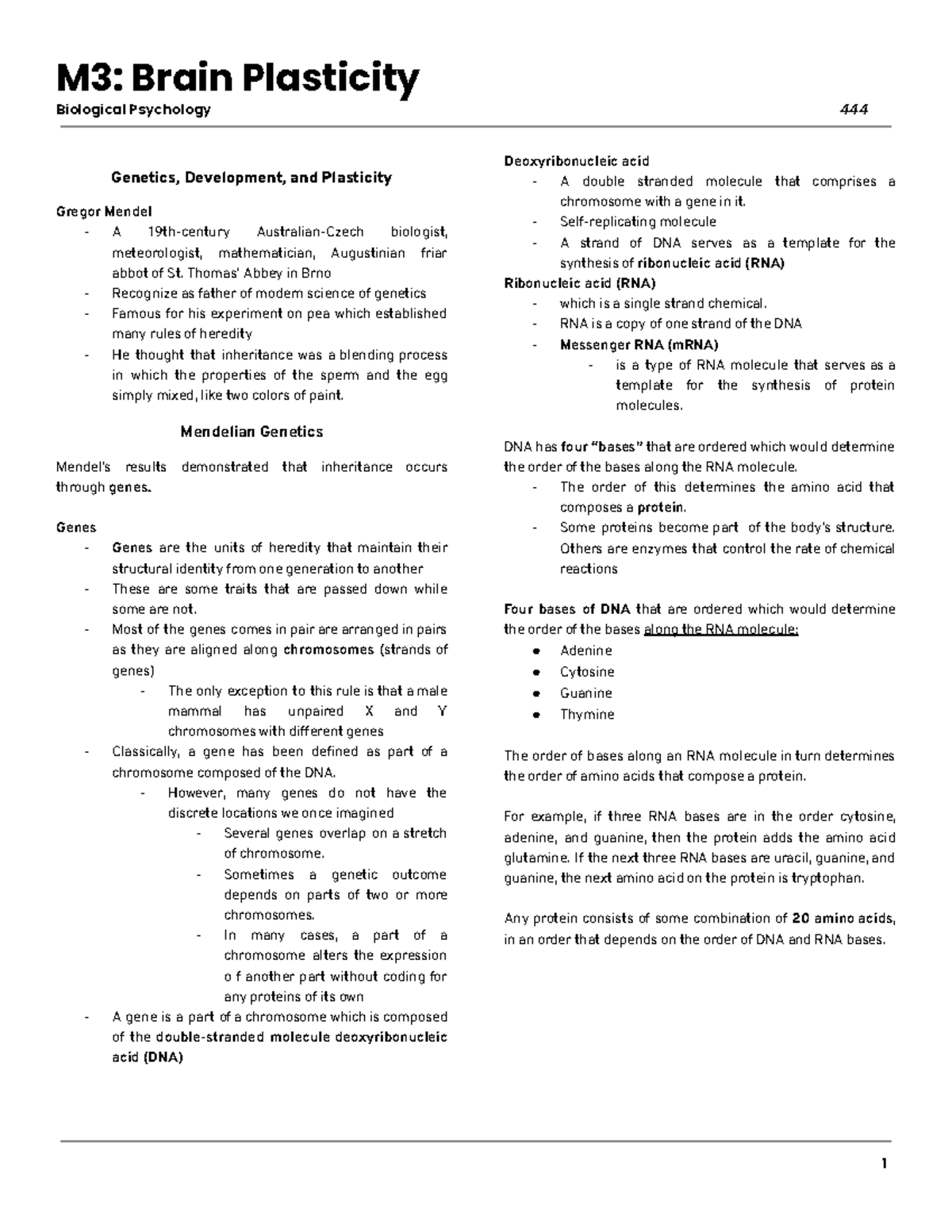 M03 - Brain Plasticity - Biological Psychology 444 Genetics ...