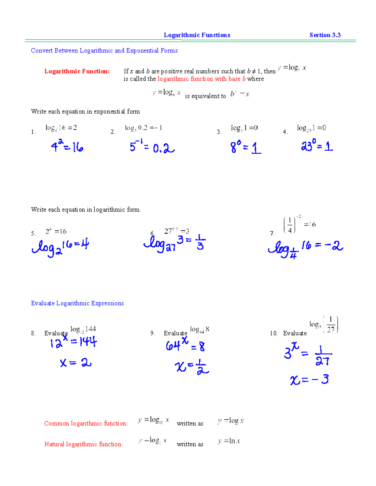 Logarithmic Functions - Convert Between Logarithmic and Exponential Forms Logarithmic Function ...