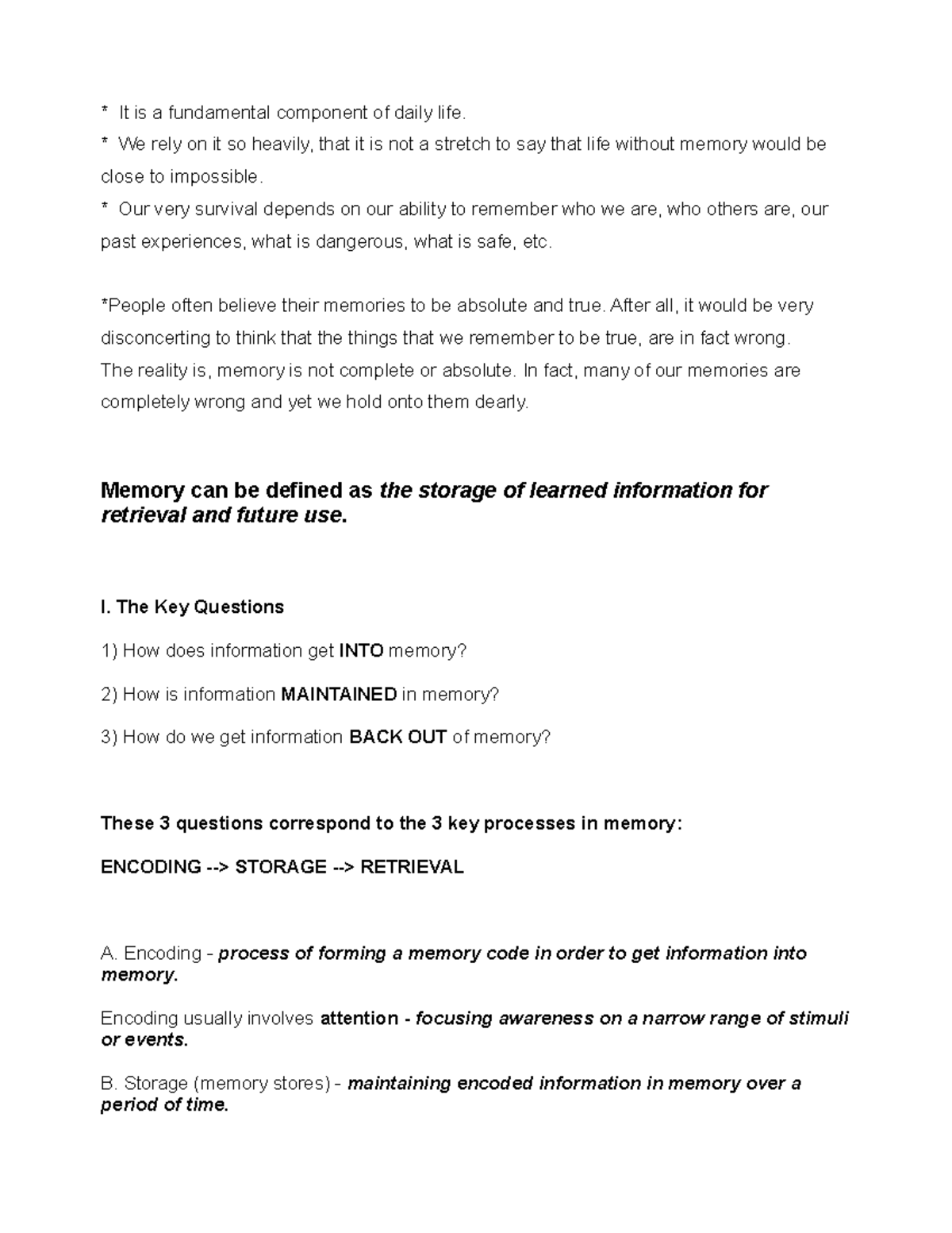 Memory And Forgetting Lecture Notes 4 It Is A Fundamental Component Of Daily Life We Rely