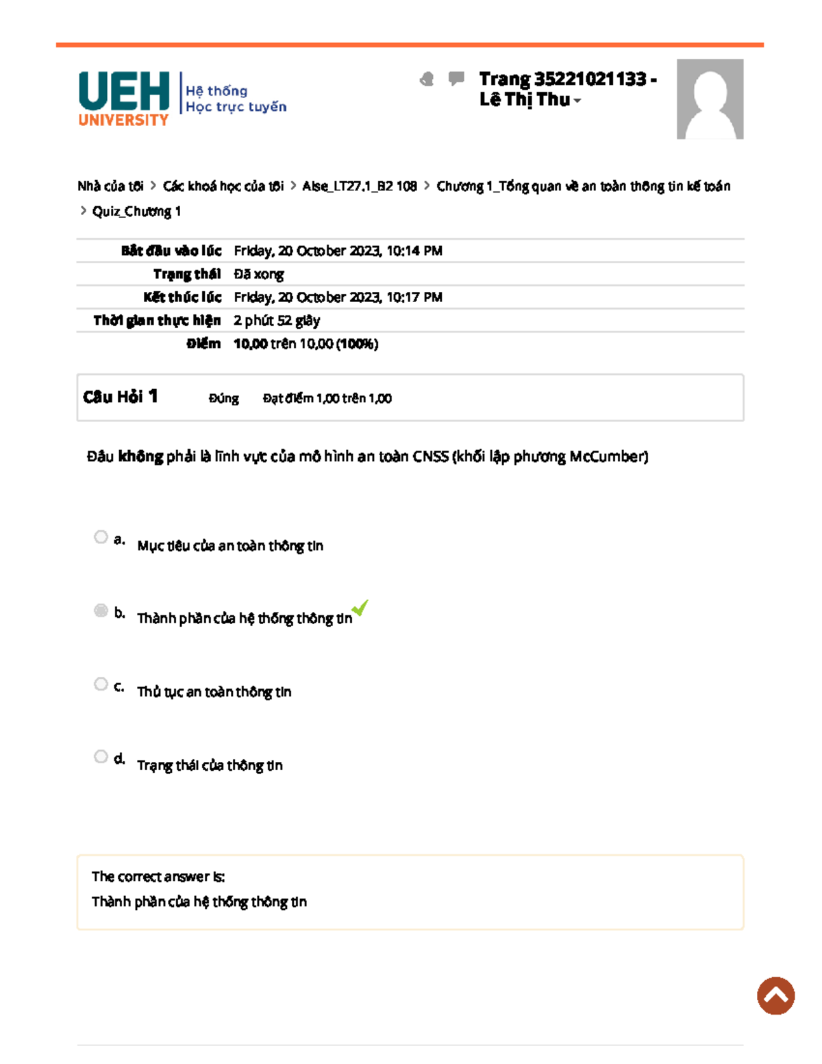 Quiz Chương 1 Xem lại bài làm - Bắt đầu vào lúc Friday, 20 October 2023 ...