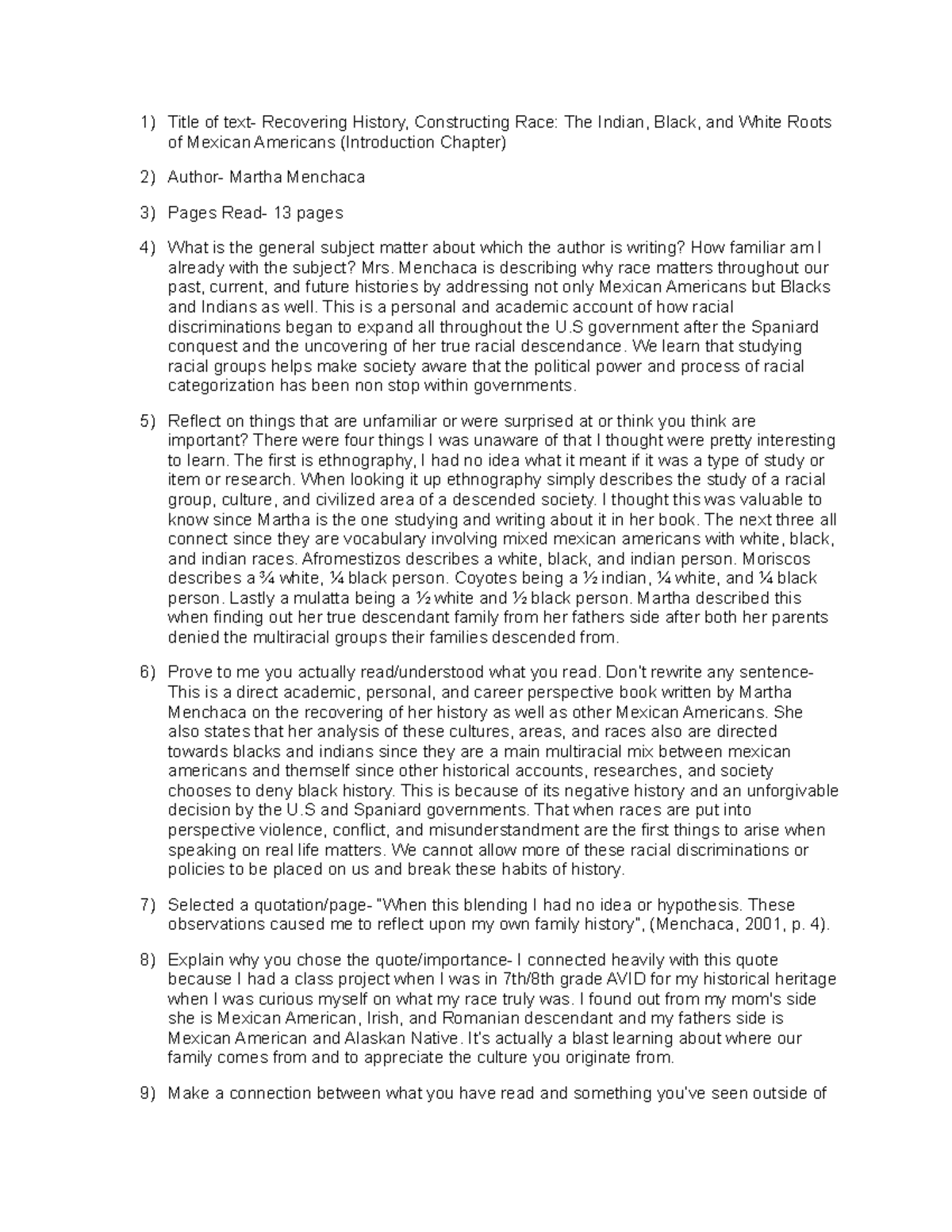 Reading log # 1- Roots - use as an example and answer the discussion ...