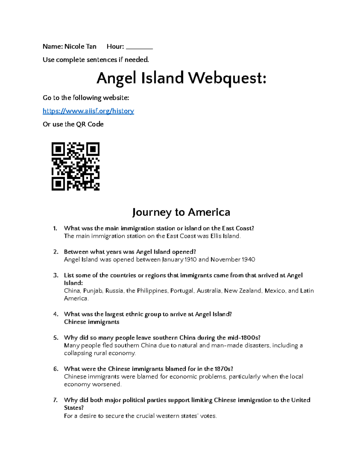 Angel Island Webquest - Name: Nicole Tan Hour: ________ Use complete ...