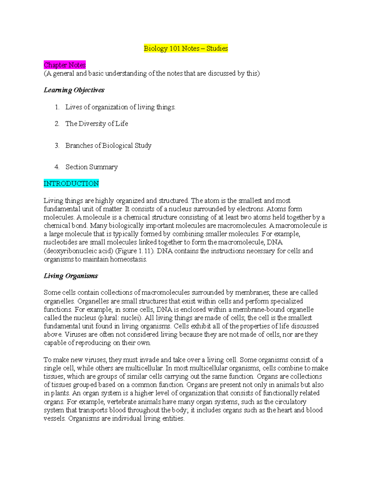 Biology 101 Notes - Please use this as a means to study for future prep ...