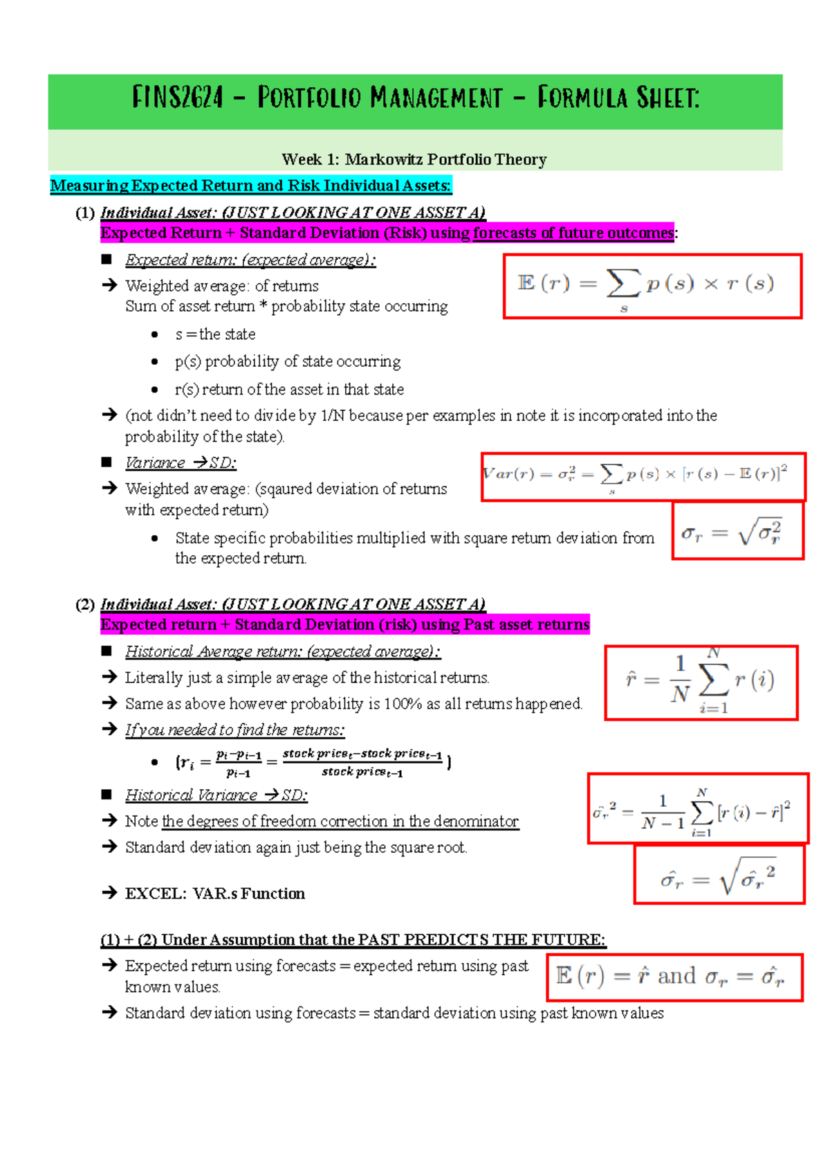 FINS2624 Mid term Cheat sheet formula sheet - FINS2624 – Portfolio ...
