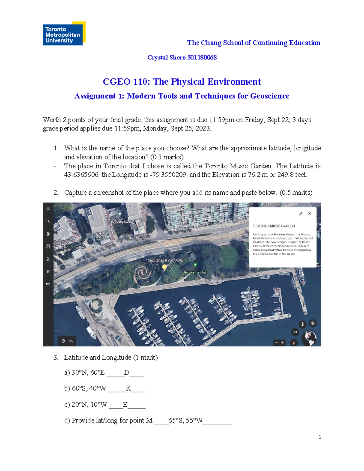 Assignment 1 Answer Sheet F2023 (1) - The Chang School of Continuing ...