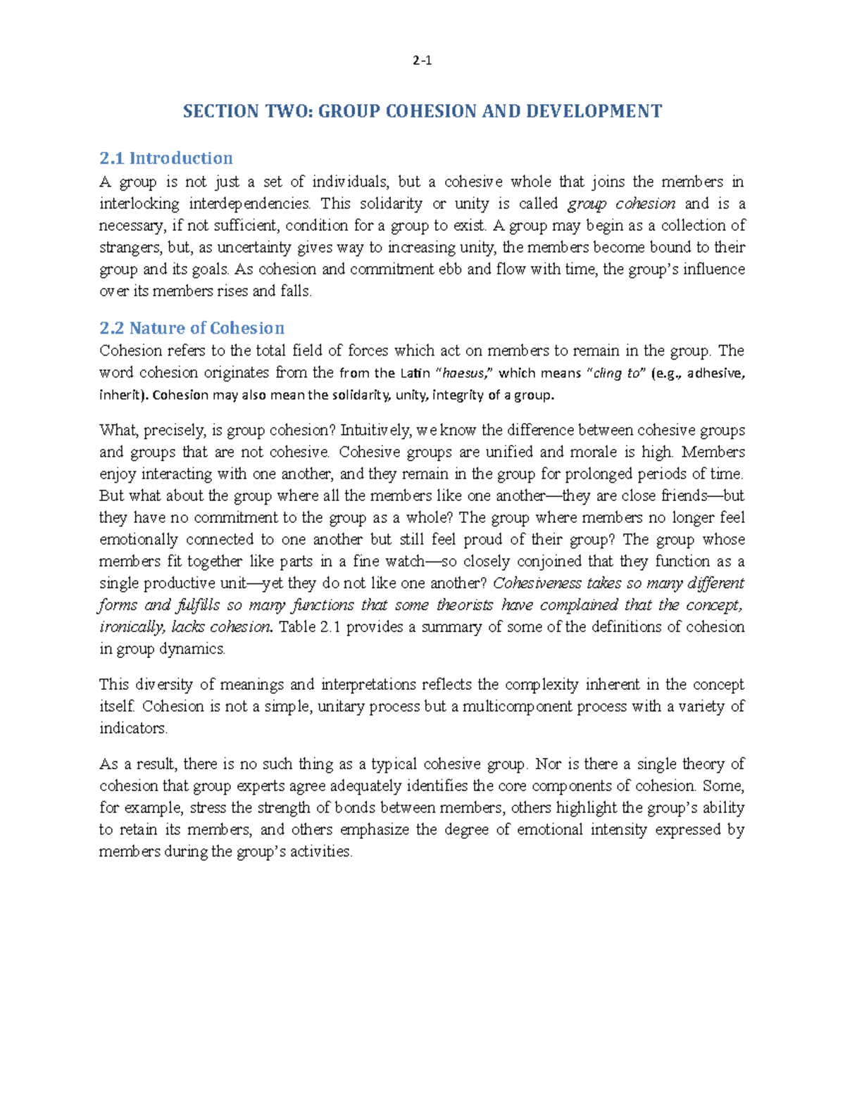 Group Cohesion and Development: Understanding the Nature and Components ...
