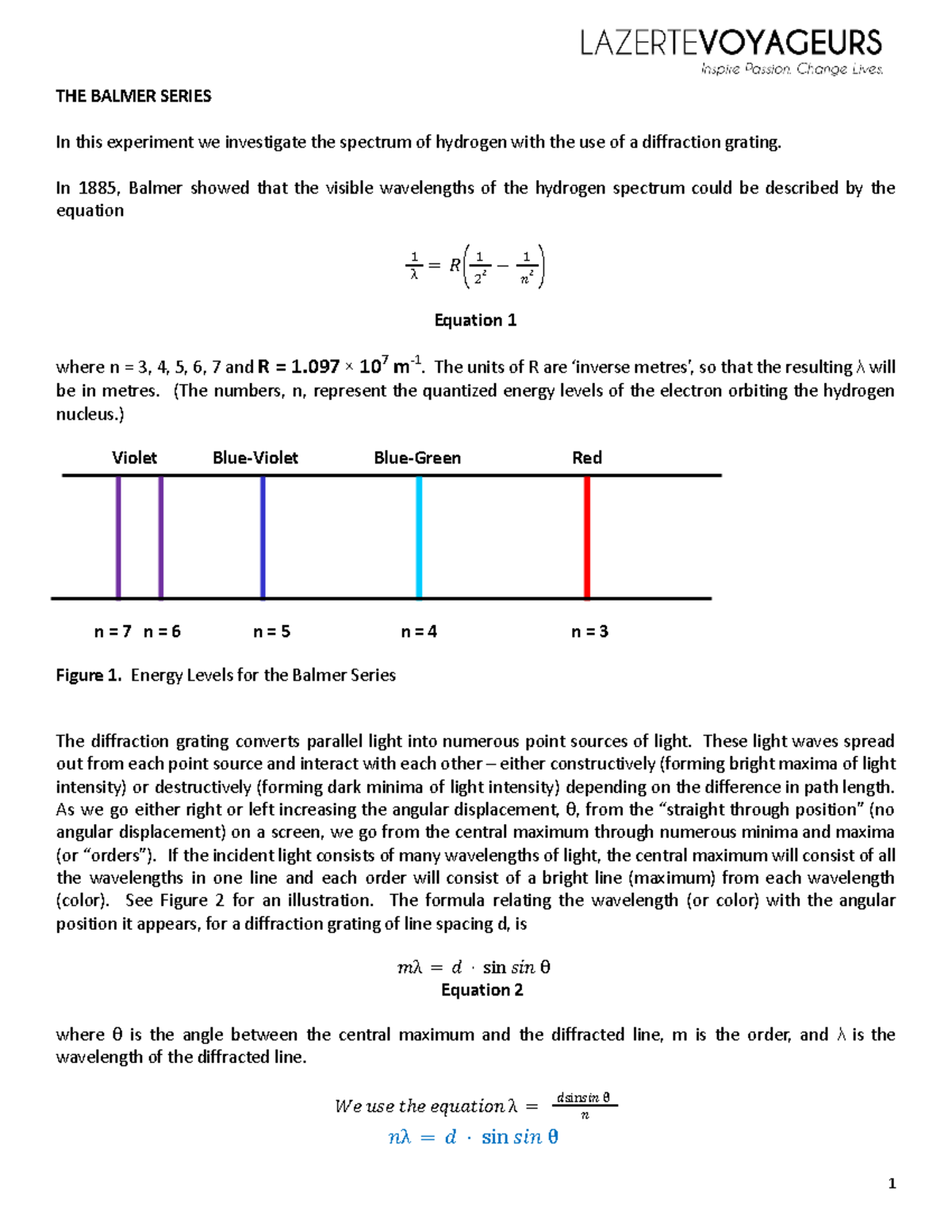 Balmer series handout - Lab at the U of A - THE BALMER SERIES In this ...
