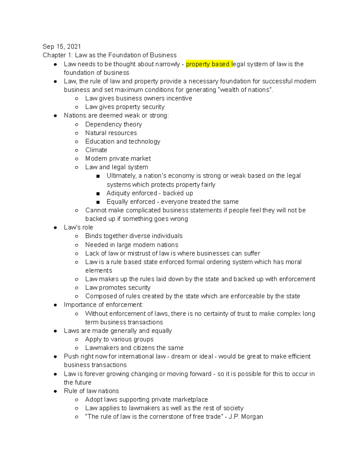 Legal Environment of Business Class Notes - Sep 15, 2021 Chapter 1: Law ...