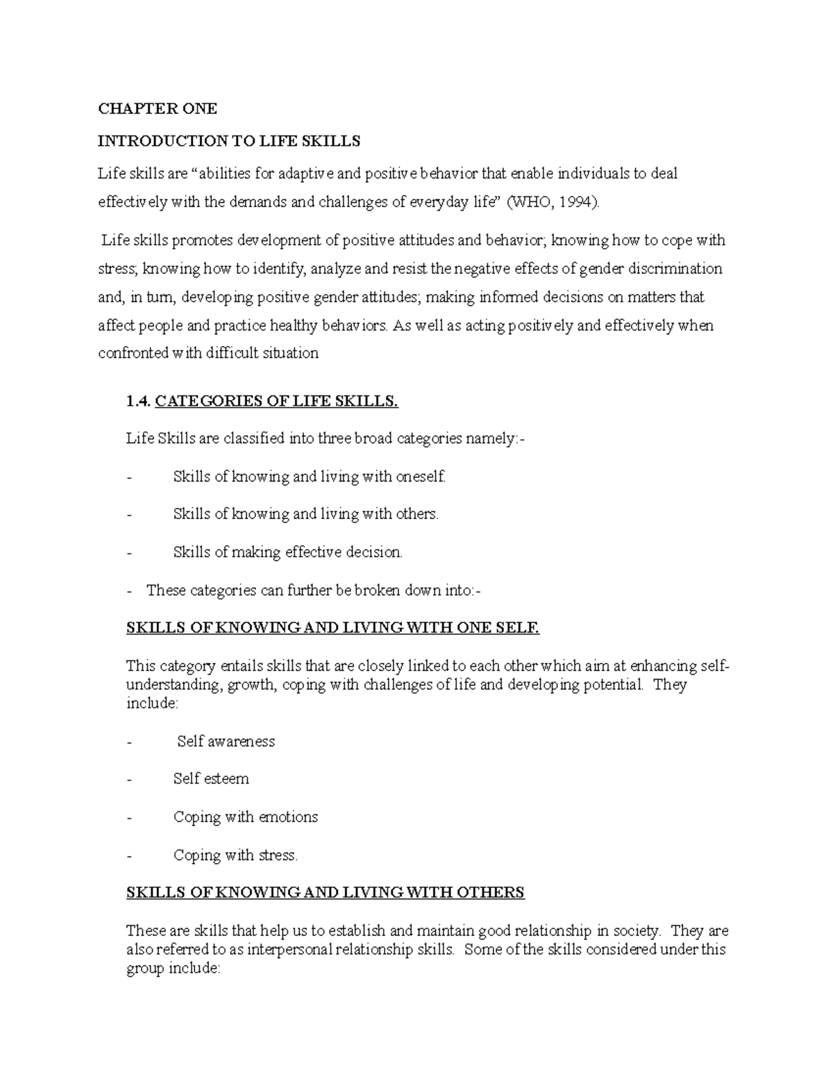 LIFE Skills notes BRIEF NOTES - CHAPTER ONE INTRODUCTION TO LIFE SKILLS ...