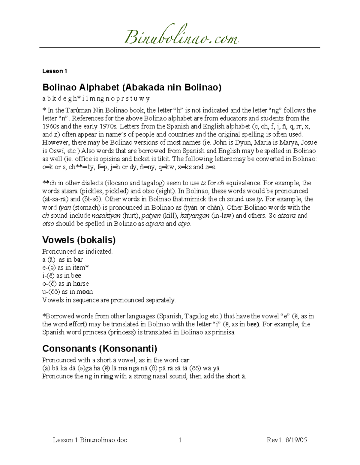 Lesson 1 Binunolinao - Lesson 1 Bolinao Alphabet (Abakada nin Bolinao ...