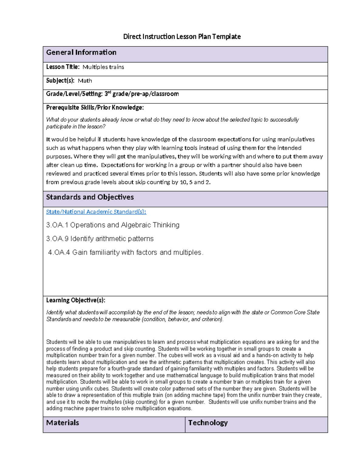 C109 Task One Lesson PLan - Direct Instruction Lesson Plan Template ...