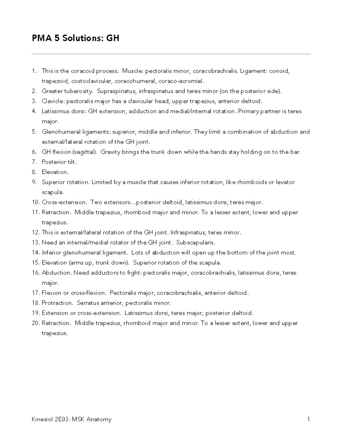 PMA 5 Solutions GH Joint - Kinesiol 2E03: MSK Anatomy 1 PMA 5 Solutions ...