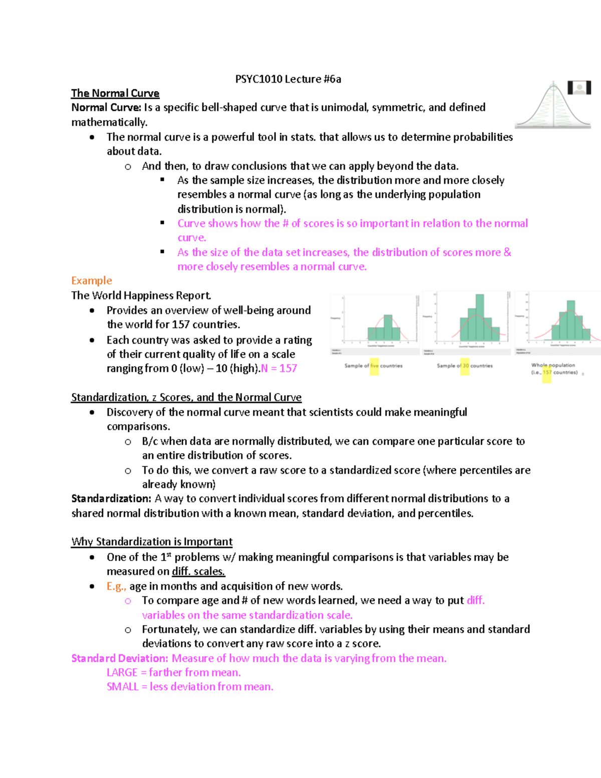 PSYC1010 Lecture 6a The Normal Curve - PSYC1010 Lecture #6a The Normal Curve Normal Curve: Is a ...