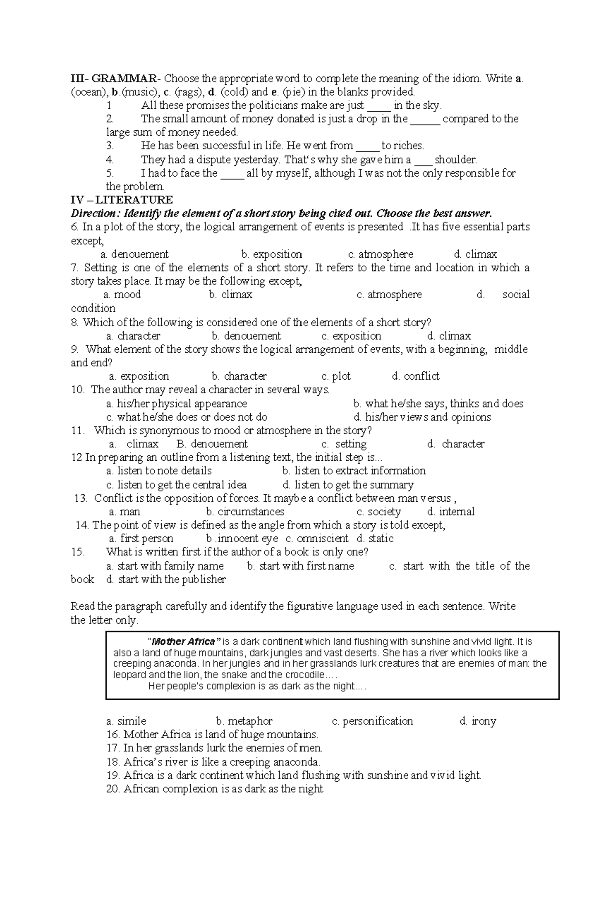 Practice test - III- GRAMMAR- Choose the appropriate word to complete ...